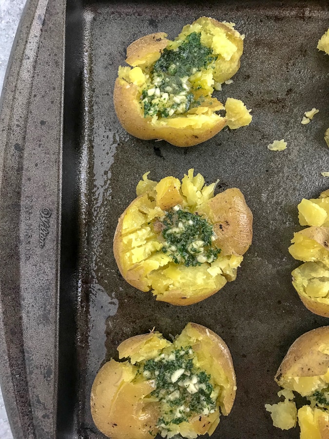 Crispy Loaded Garlic Smashed Potatoes - With Peanut Butter on Top