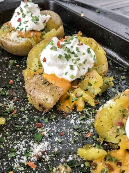 Crispy Loaded Garlic Smashed Potatoes - With Peanut Butter on Top
